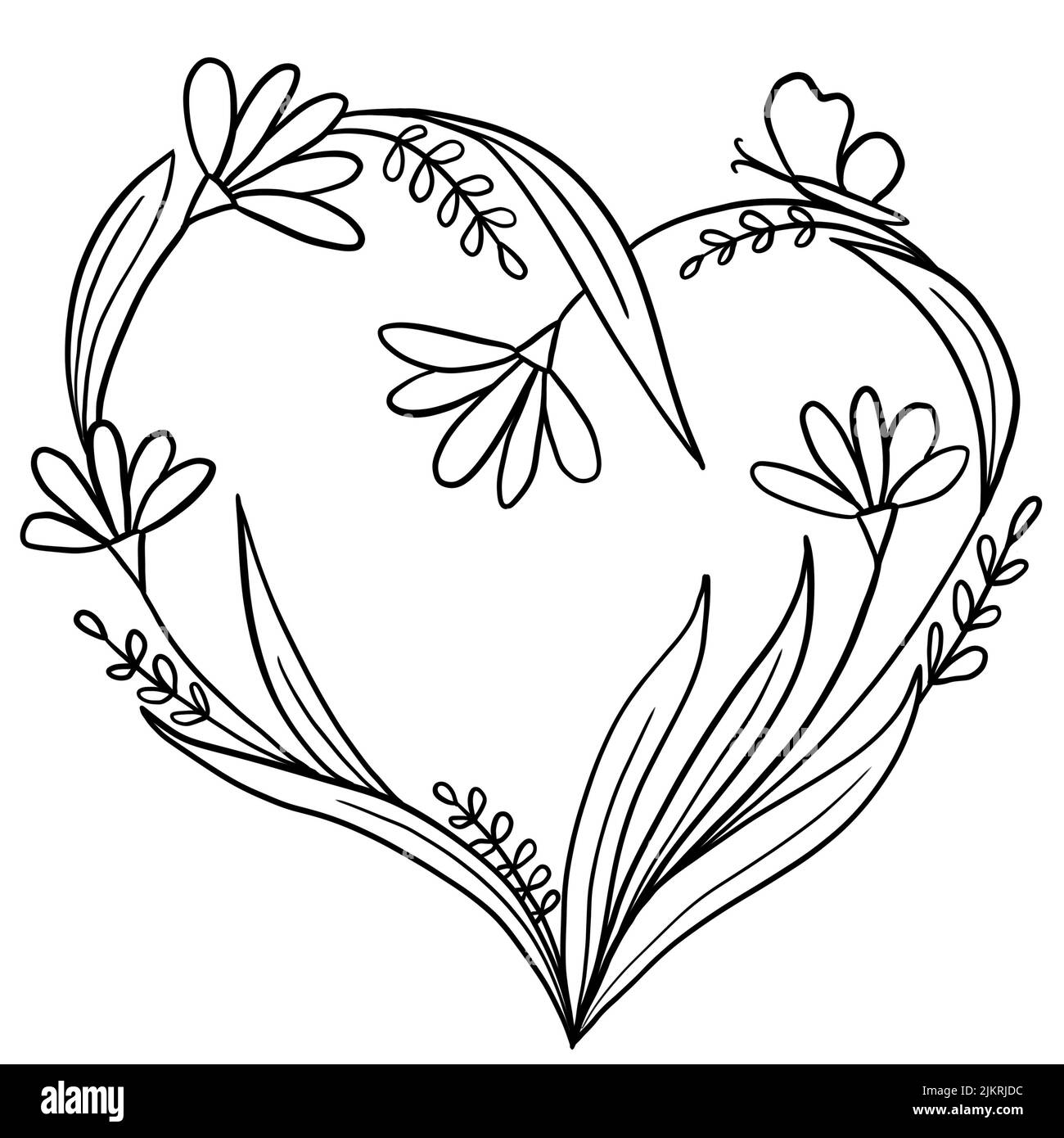 Hand drawn floral illustration with flowers leaves in heart shape ...