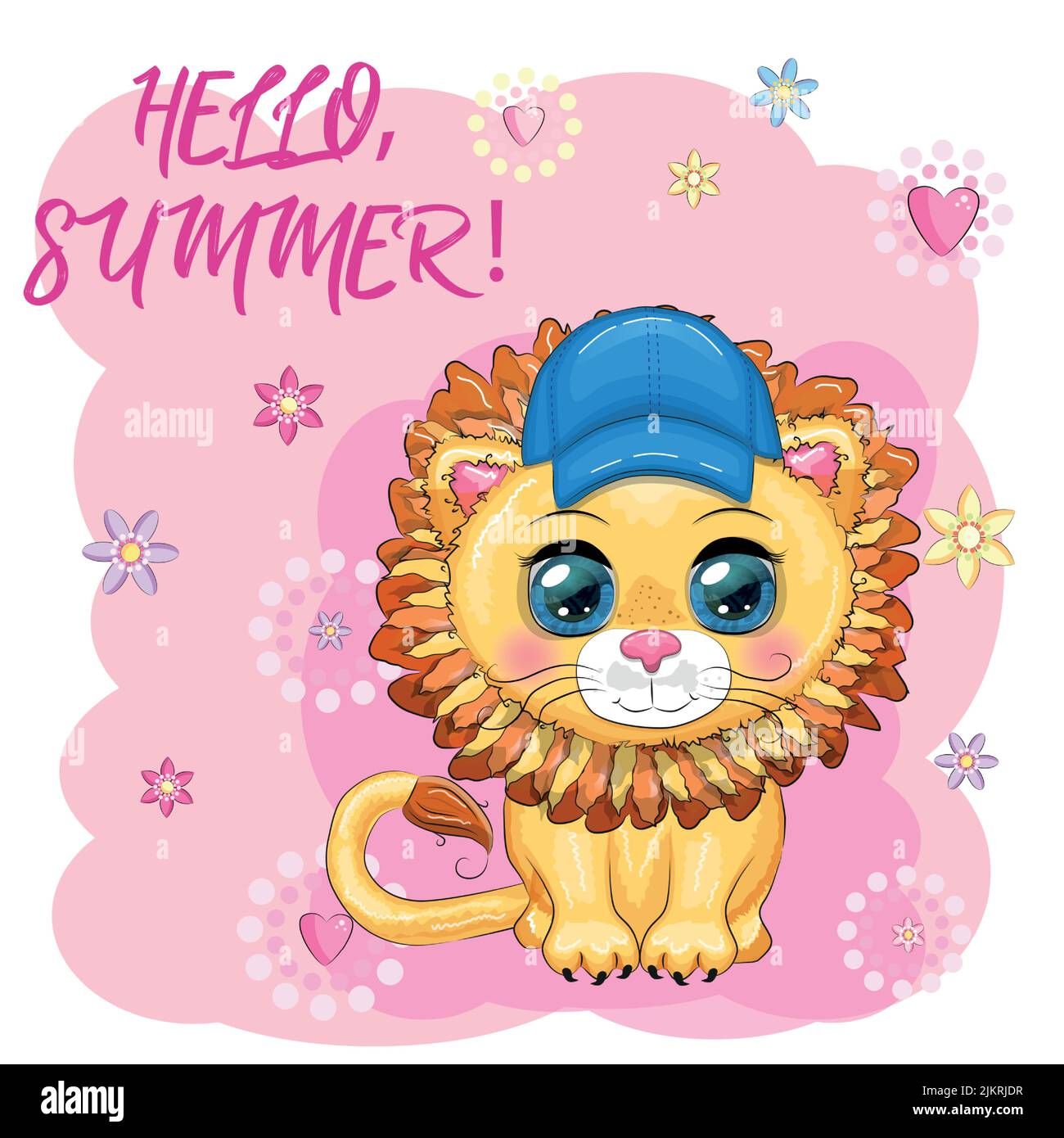 Cartoon lion boy in a blue cap with beautiful eyes, vacation concept ...