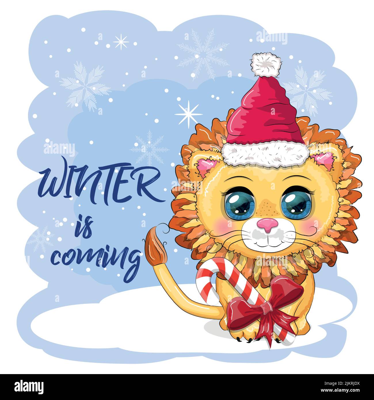 Wonderful cute cartoon lion cub with a gift, candy cane. Isolated ...