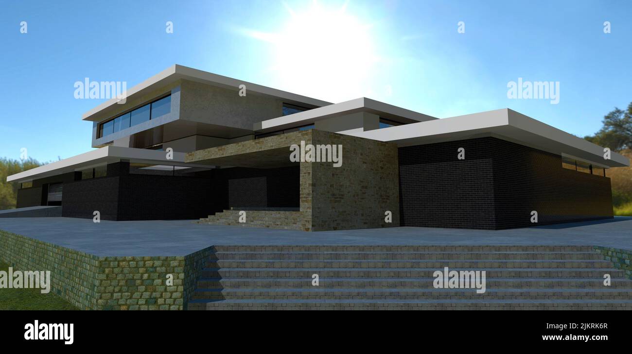 Advanced country house in high-tech style. Wide staircase ...