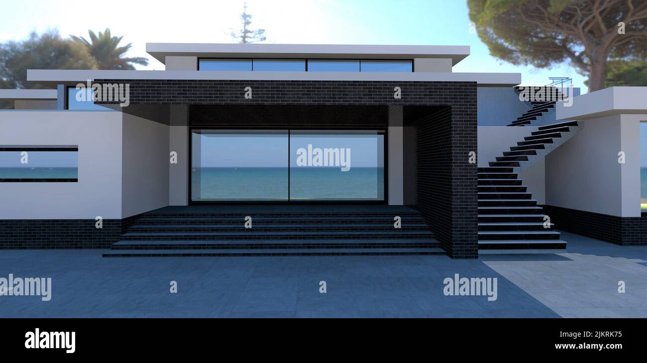 Front entrance to a luxurious modern house. 3d render. Porch trim black ...
