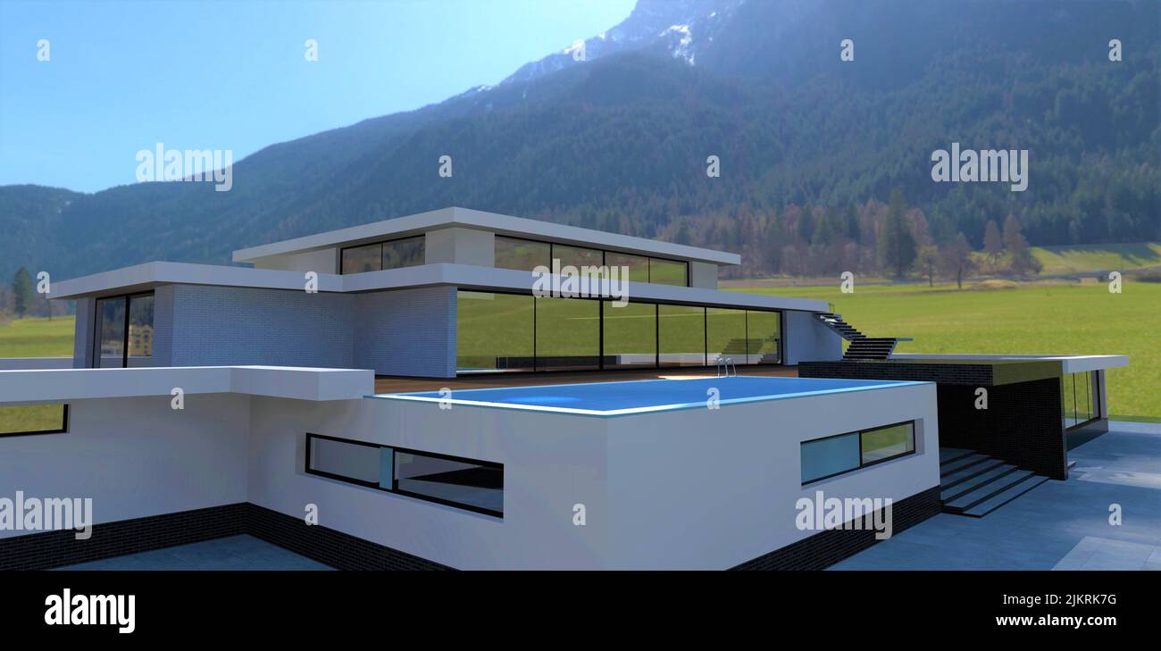Luxurious modern house at the foot of the mountain. Pool on the roof of ...