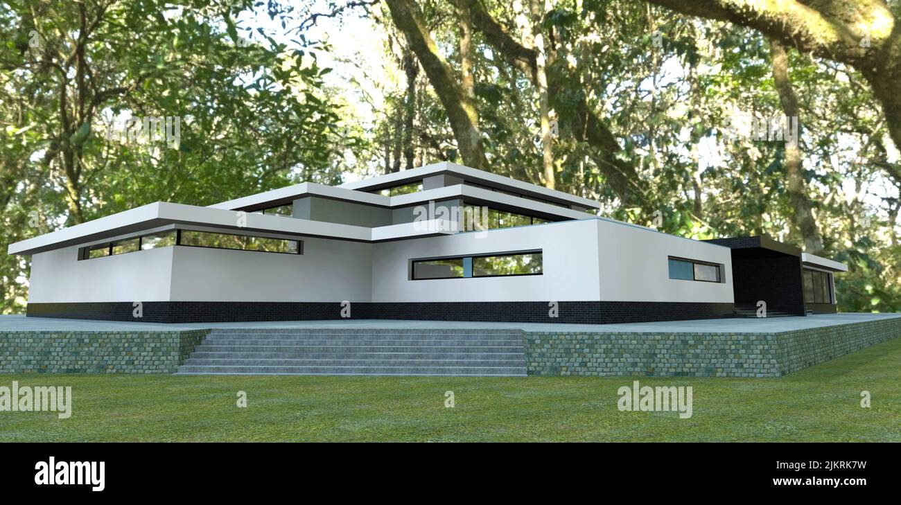 Luxurious three-story house in the rainforest. A wide staircase to a ...