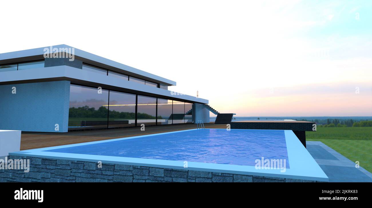 Swimming pool on the roof of a luxury home. Blue water reflects the sunset. Terrace board ...