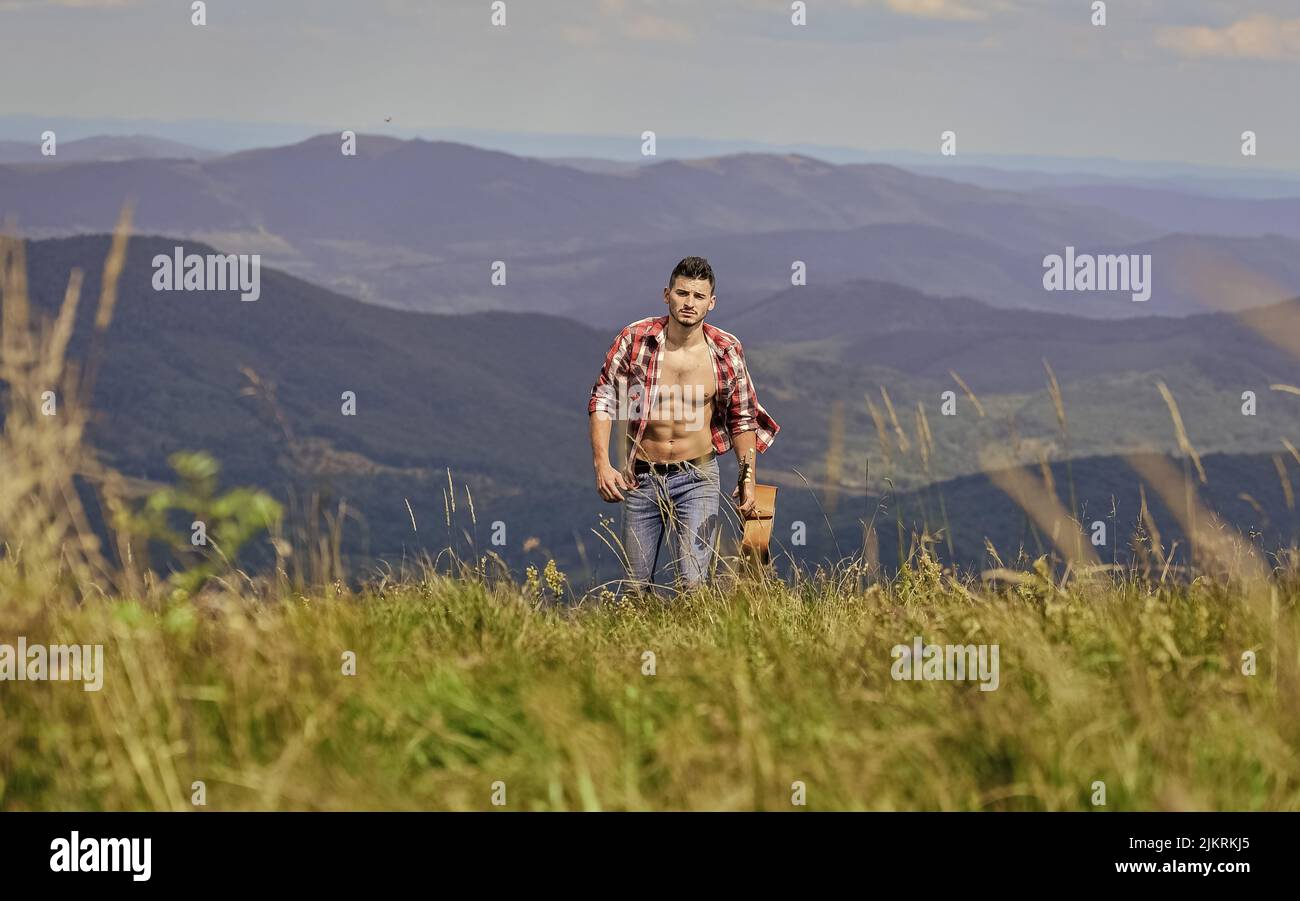 Guy hiker enjoy pure nature. Musician hiker find inspiration in ...