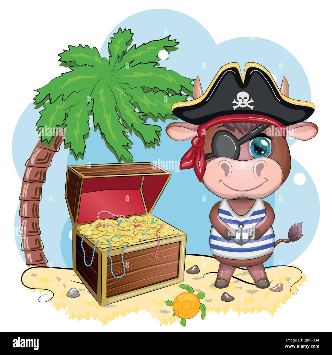 Bull, cow pirate, cartoon character of the game, wild animal in a ...