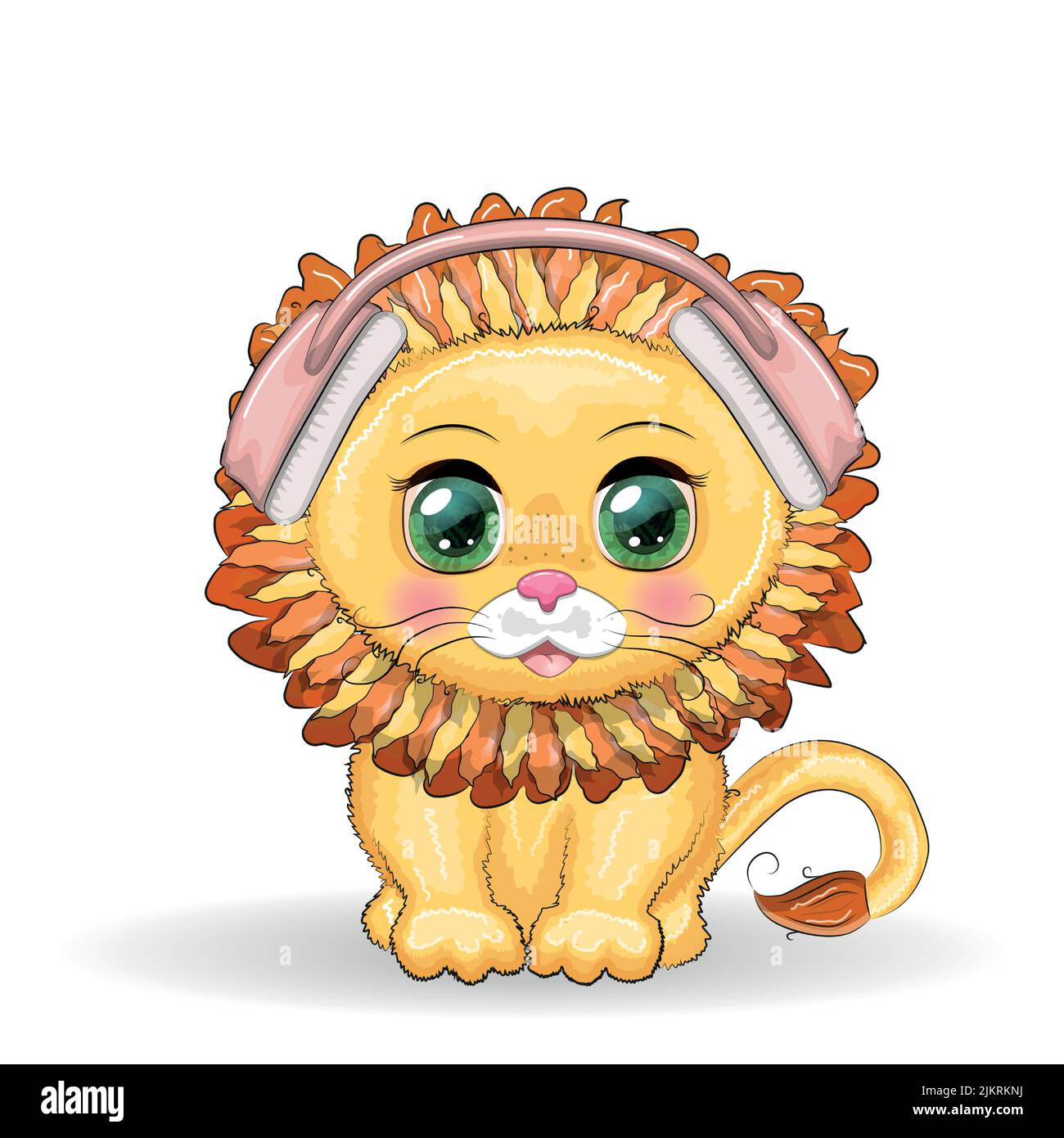 Cute cartoon Lion with headphones, listens to music, note, treble clef ...