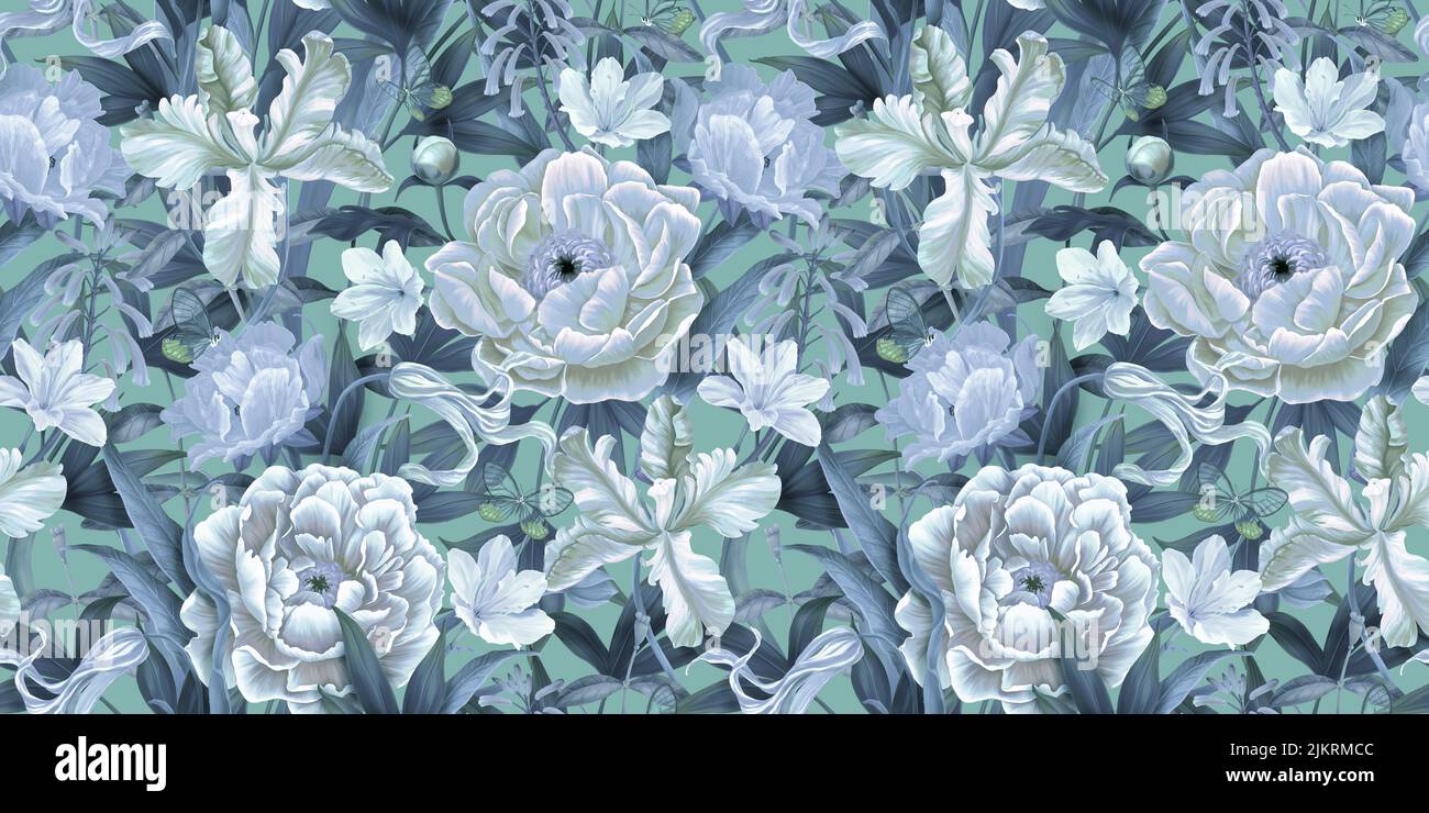 Vintage floral pattern with peonies, tulips, buds, flowers, butterflies ...