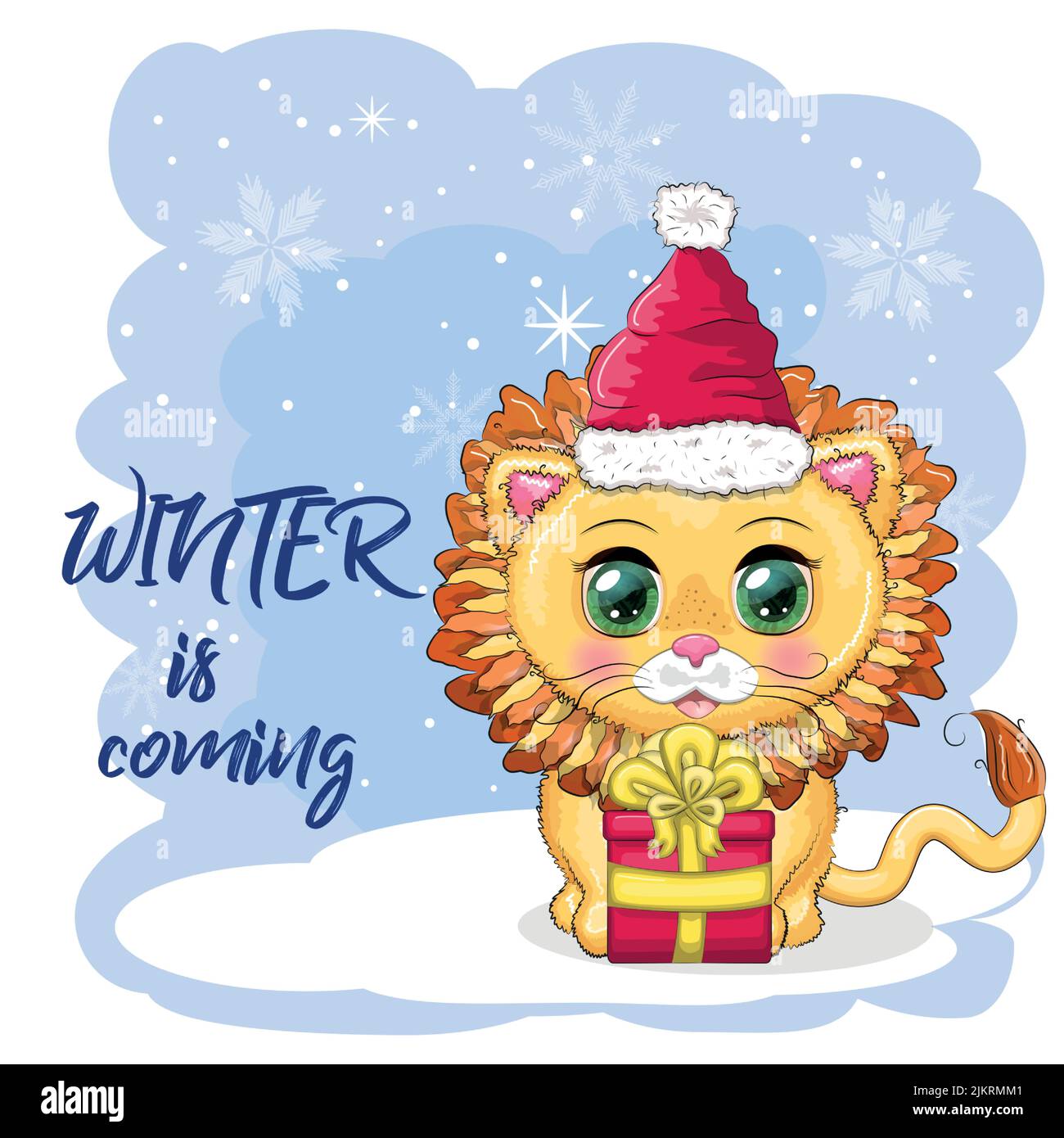 Wonderful cute cartoon lion cub with a gift, candy cane. Isolated ...