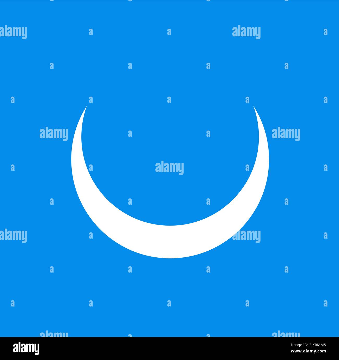 An upside down crescent shaped white icon isolated with blue background ...