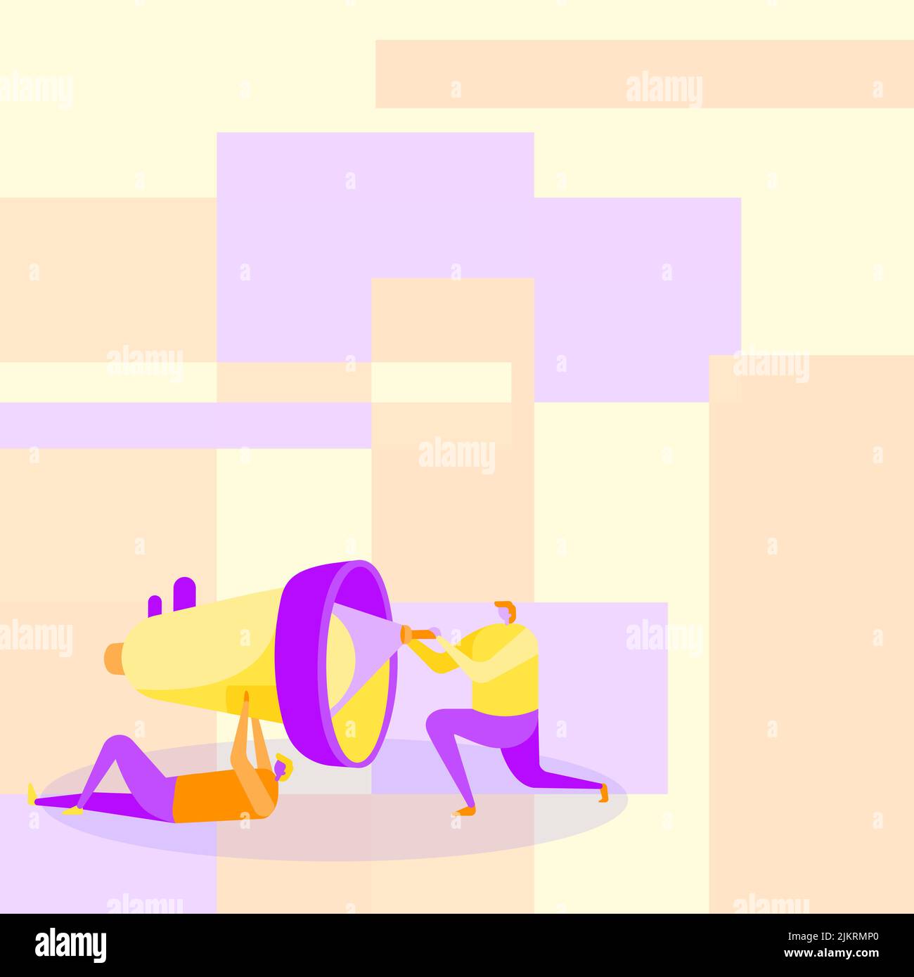 Two workers fix a broken megaphone while using a flashlight, a copy ...