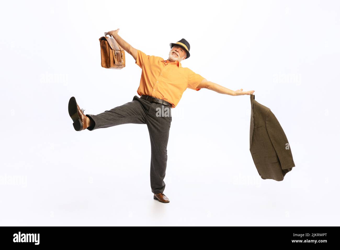 Portrait of emotional senior man in retro style clothes, vintage outfit ...