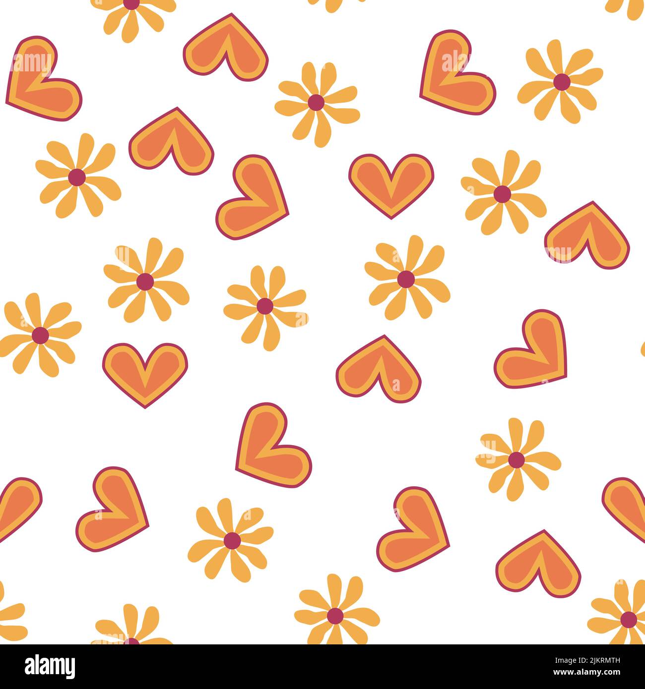 Love heart, daisies, waves of positivity retro 70s seamless pattern ...