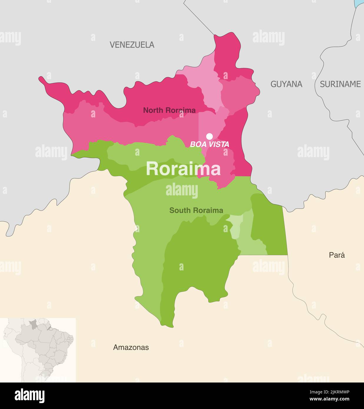 Brazil state Roraima administrative map showing municipalities colored by state regions ...