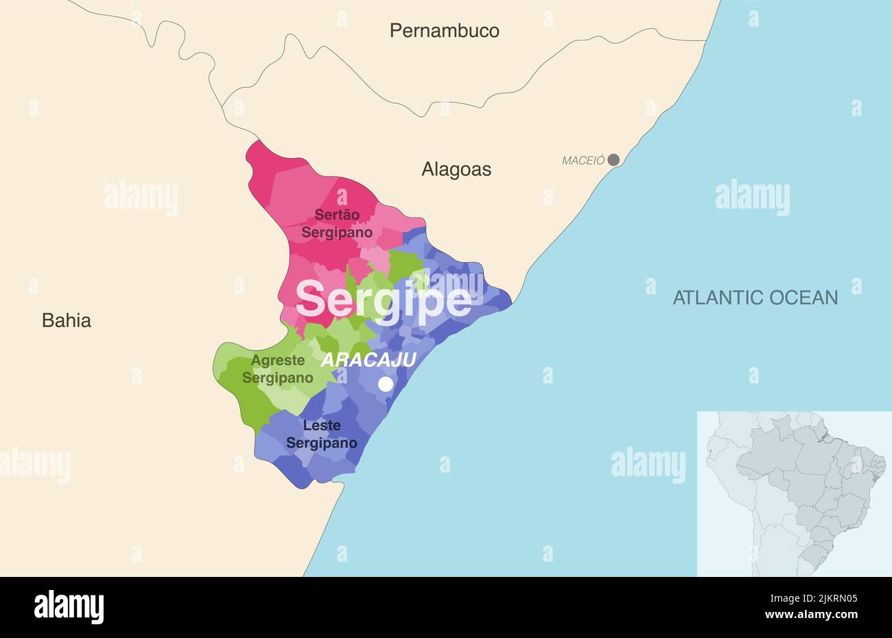 Brazil state Sergipe administrative map showing municipalities colored by state regions ...