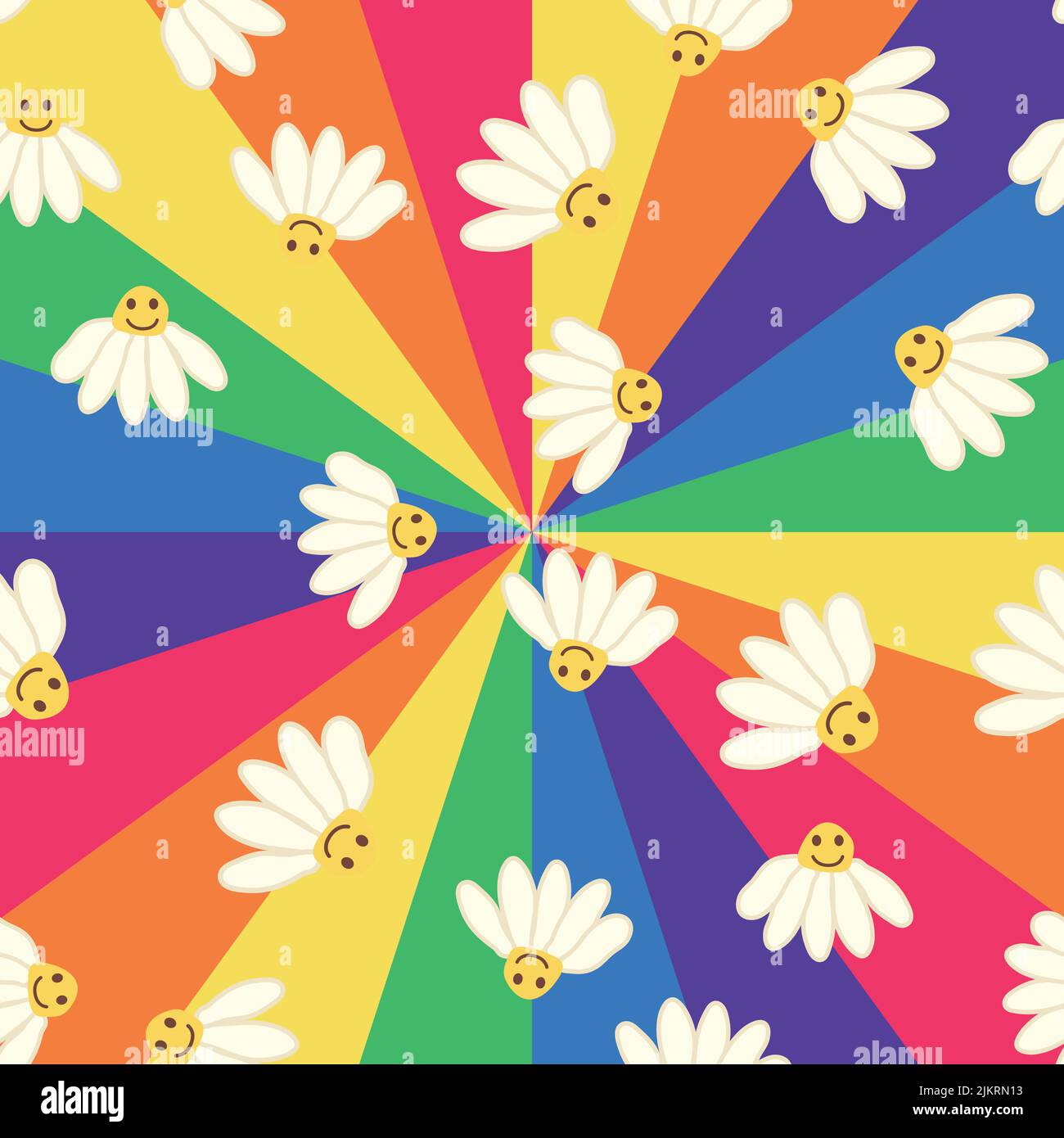 Retro Smile Chamomile Seamless Pattern on 1970 Wavy Swirl Seamless ...