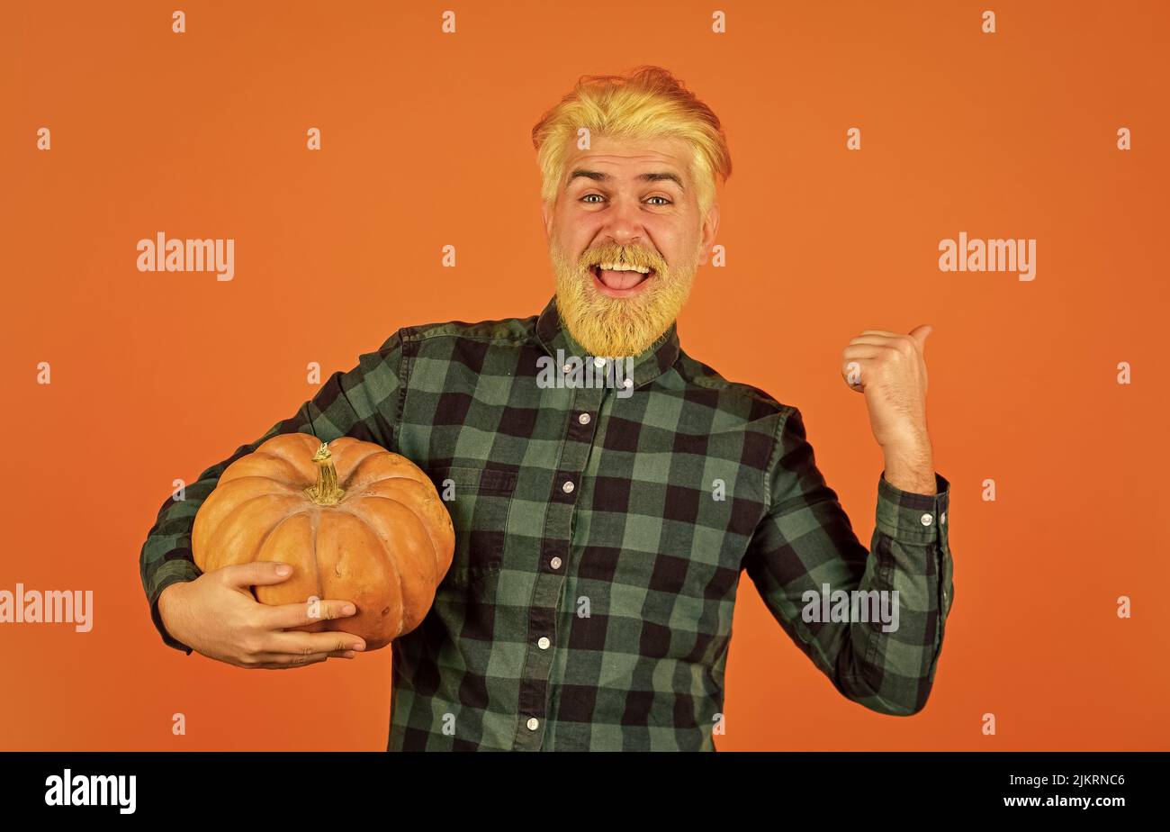 Homegrown pumpkin. Eat healthy. Organic farming. Family farm. Man ...