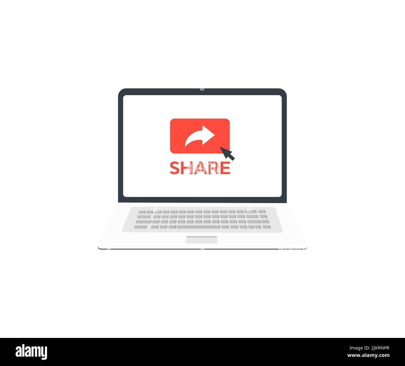 Sharing website page via share button in laptop computer screen logo design. Concept of social ...