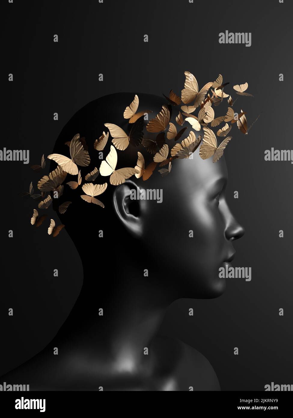 Womans head with butterfly flying wreath on black background. 3 D ...