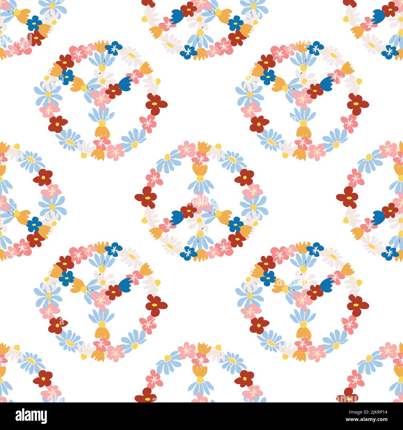 Peace symbol floral retro 70s seamless pattern. Clockwork design in the ...