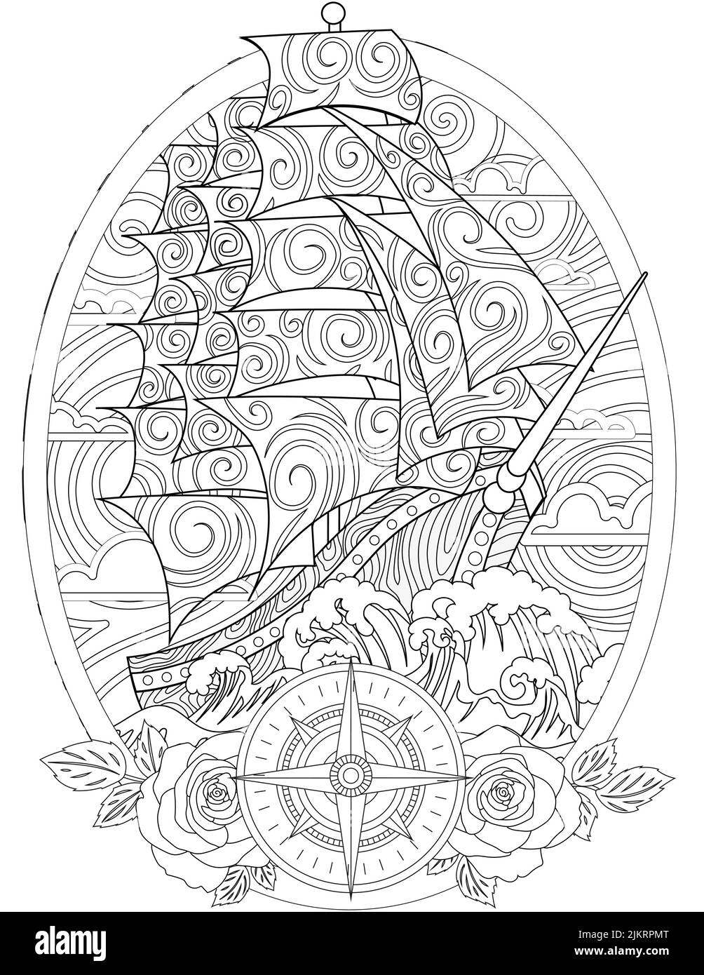 A large old ship sailing across the ocean with strong waves, roses and ...