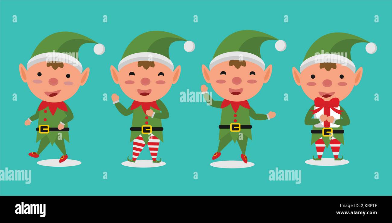A digital illustration of cute funny cartoon elves on a blue background ...