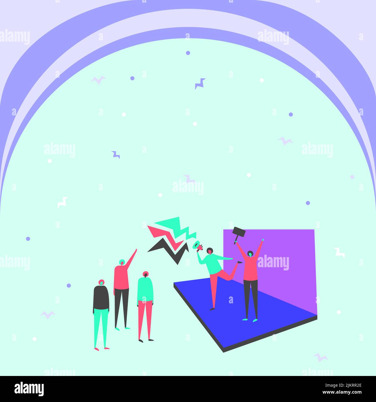 A couple of women with megaphones standing on a laptop facing other ...