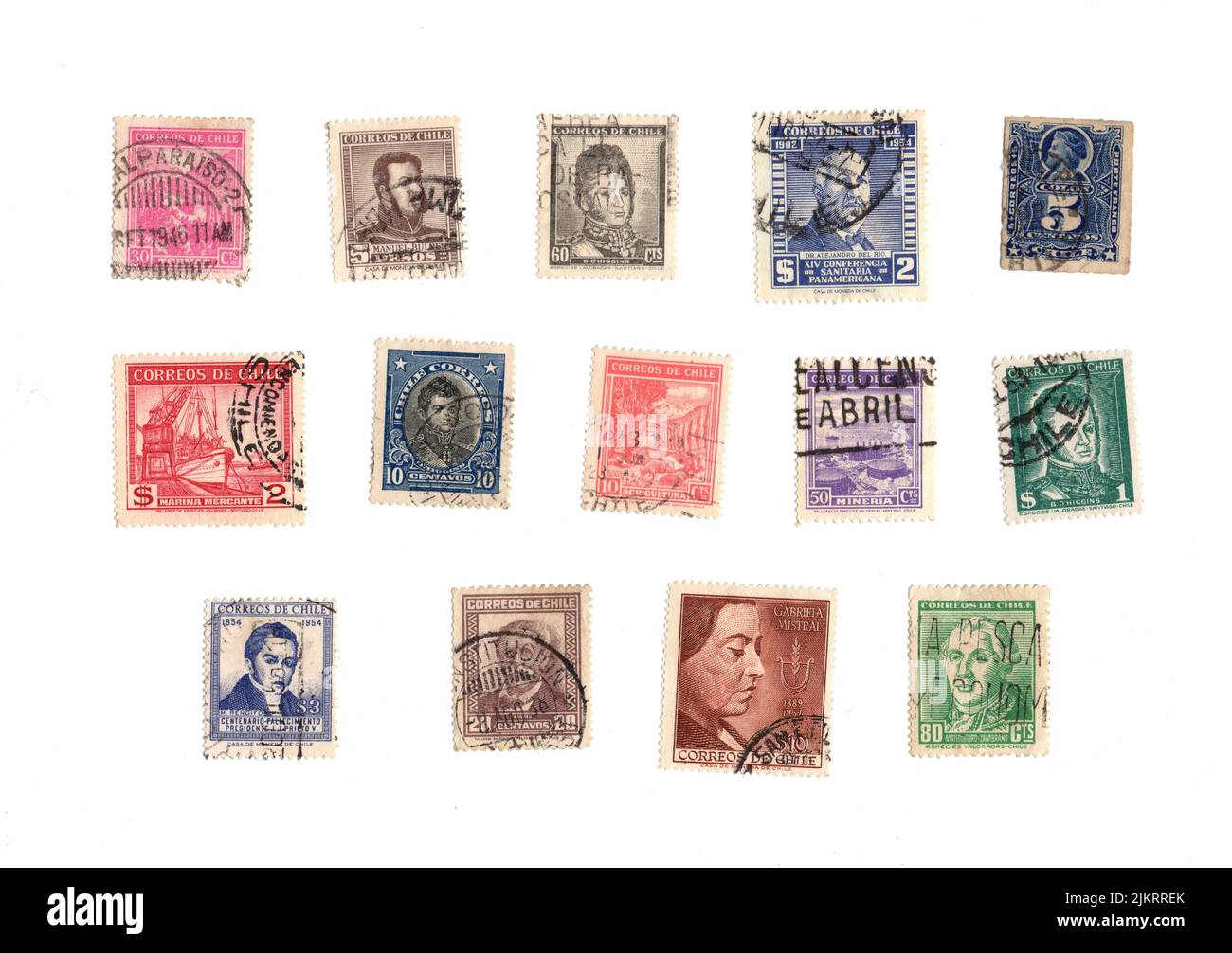 A selection of old postage stamps from Chile on a white background ...