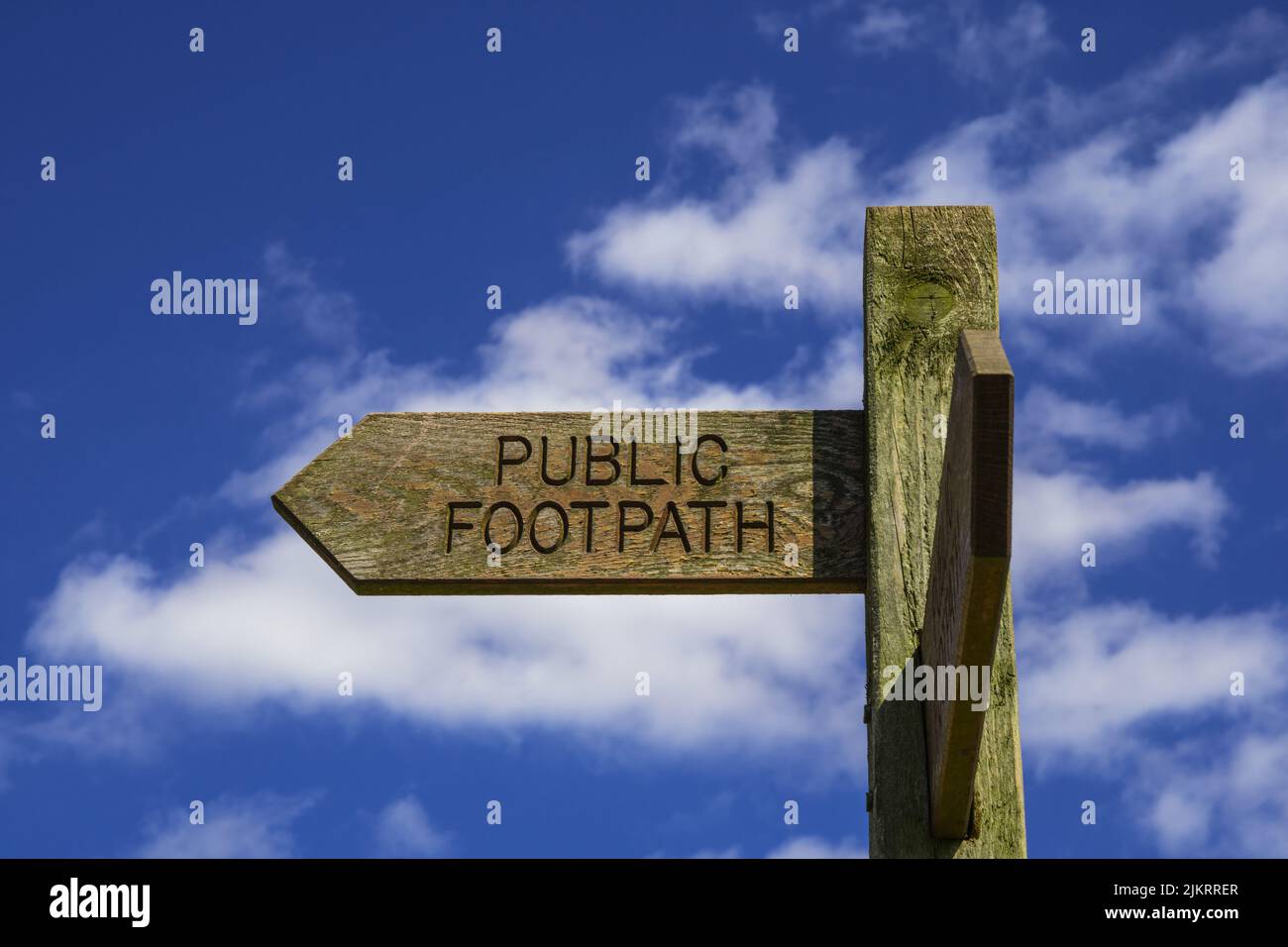 Wooden public footpath sign against blue sky Stock Photo - Alamy