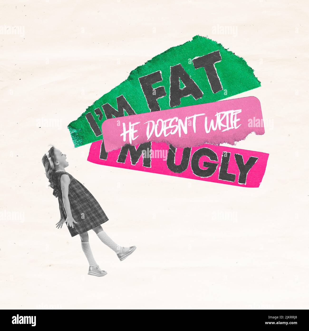 Contemporary art collage. Conceptual image with little girl shouting ...