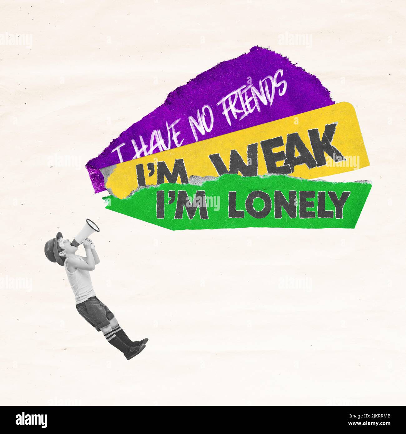 Contemporary art collage. Conceptual image with little boy shouting ...