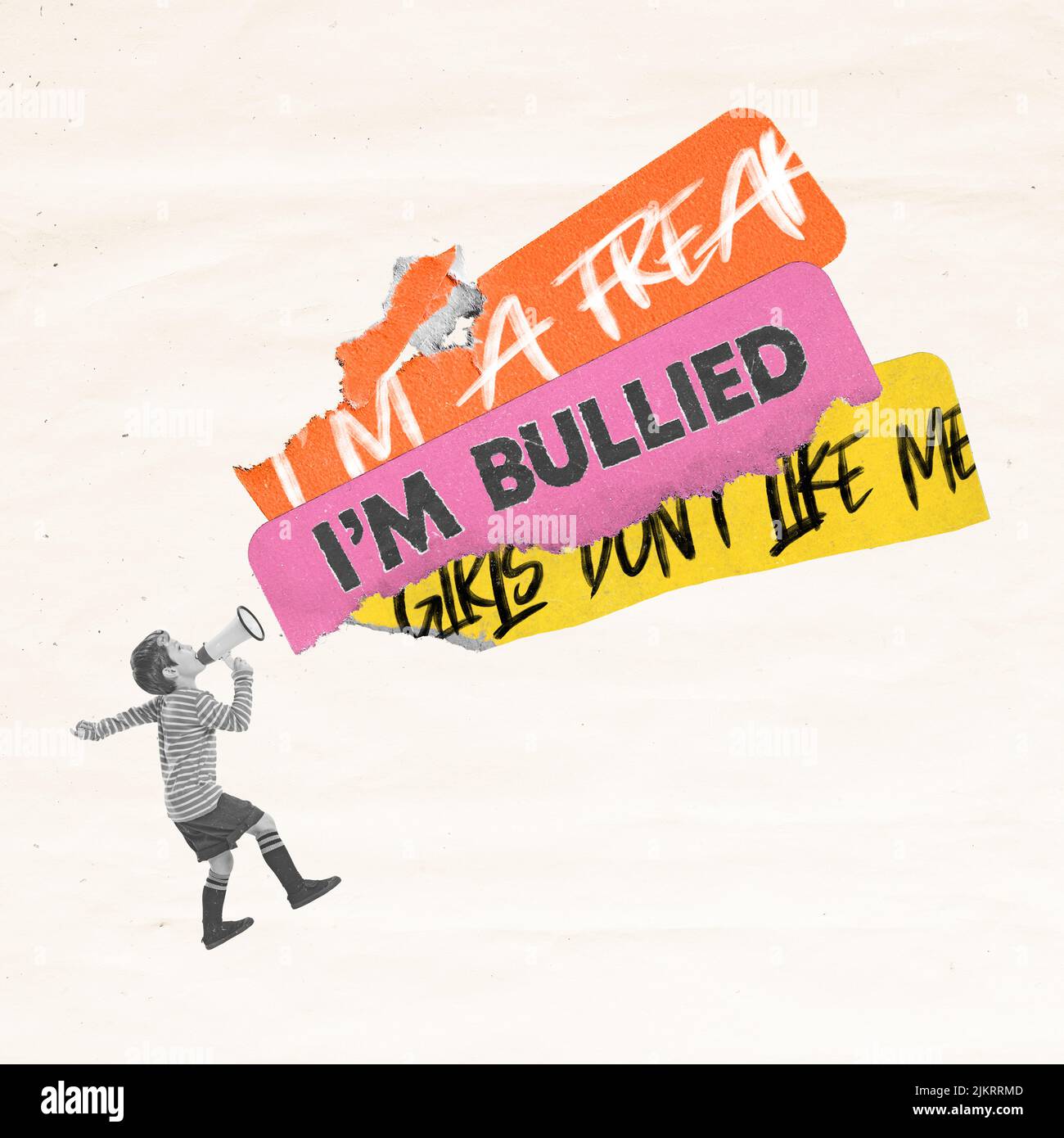 Contemporary art collage. Conceptual image with little boy shouting ...