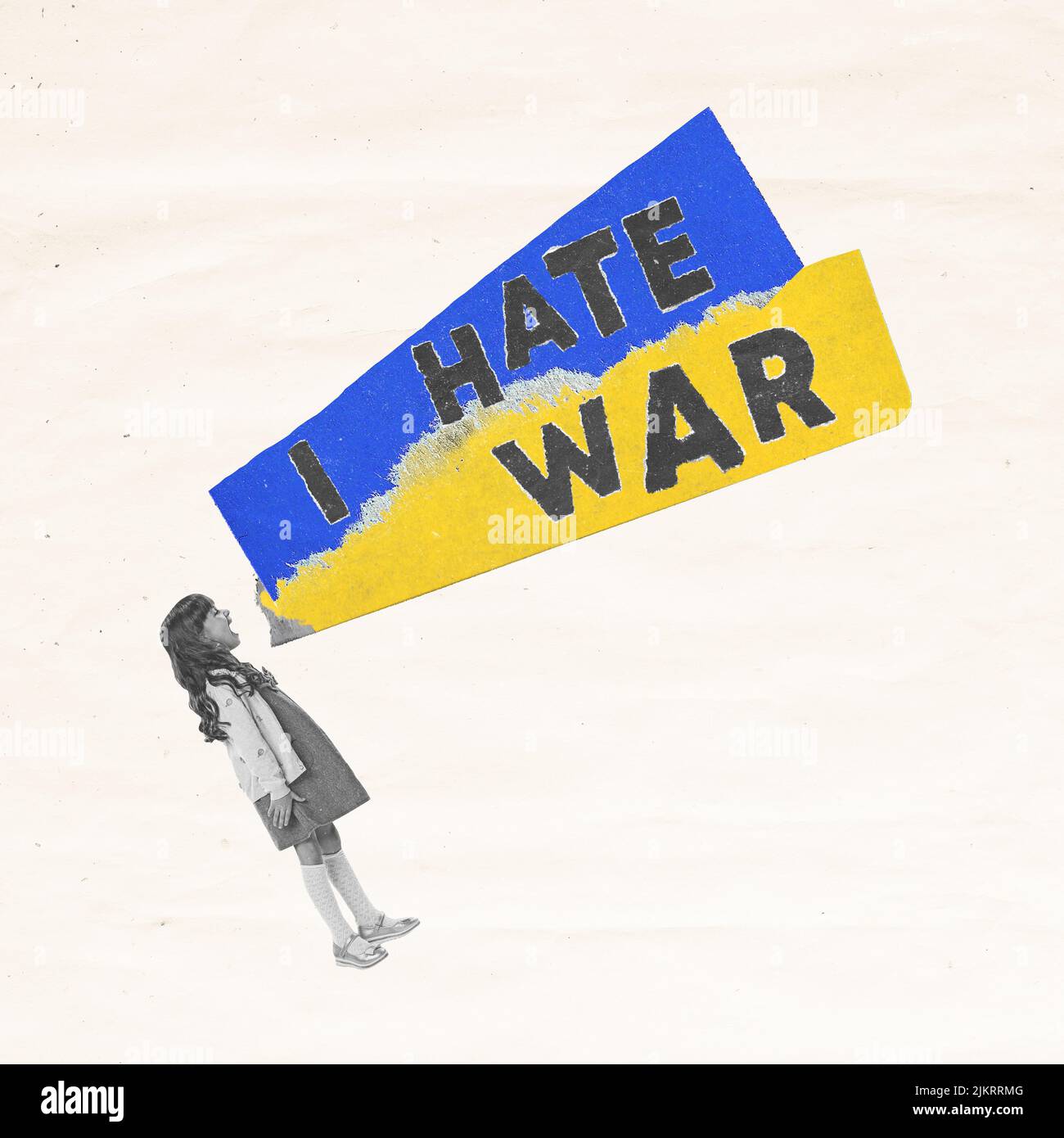 Contemporary art collage. Little girl shouting about war in Ukraine ...