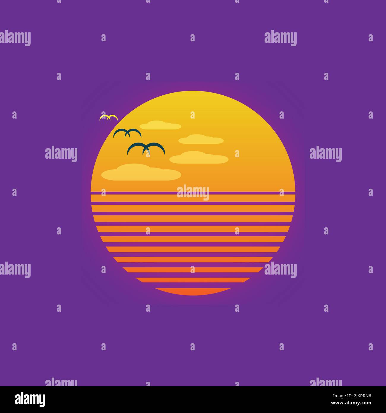 A colorful sunset logo with clouds and birds on a purple background ...