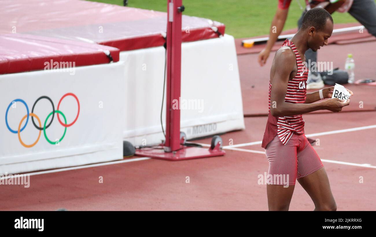 August 01st, 2021 - Tokyo, Japan: Mutaz Essa Barshim of Qatar reacts ...