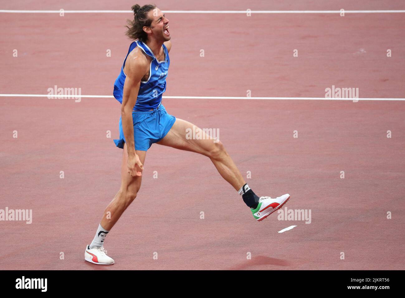August 01st, 2021 - Tokyo, Japan: Gianmarco Tamberi of Italy wins the ...