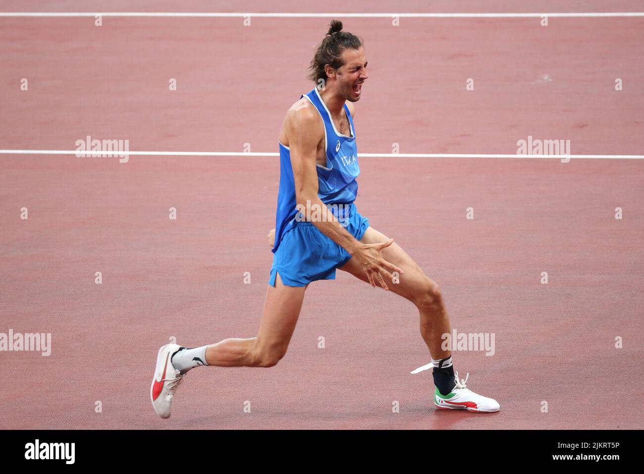 August 01st, 2021 - Tokyo, Japan: Gianmarco Tamberi of Italy wins the ...