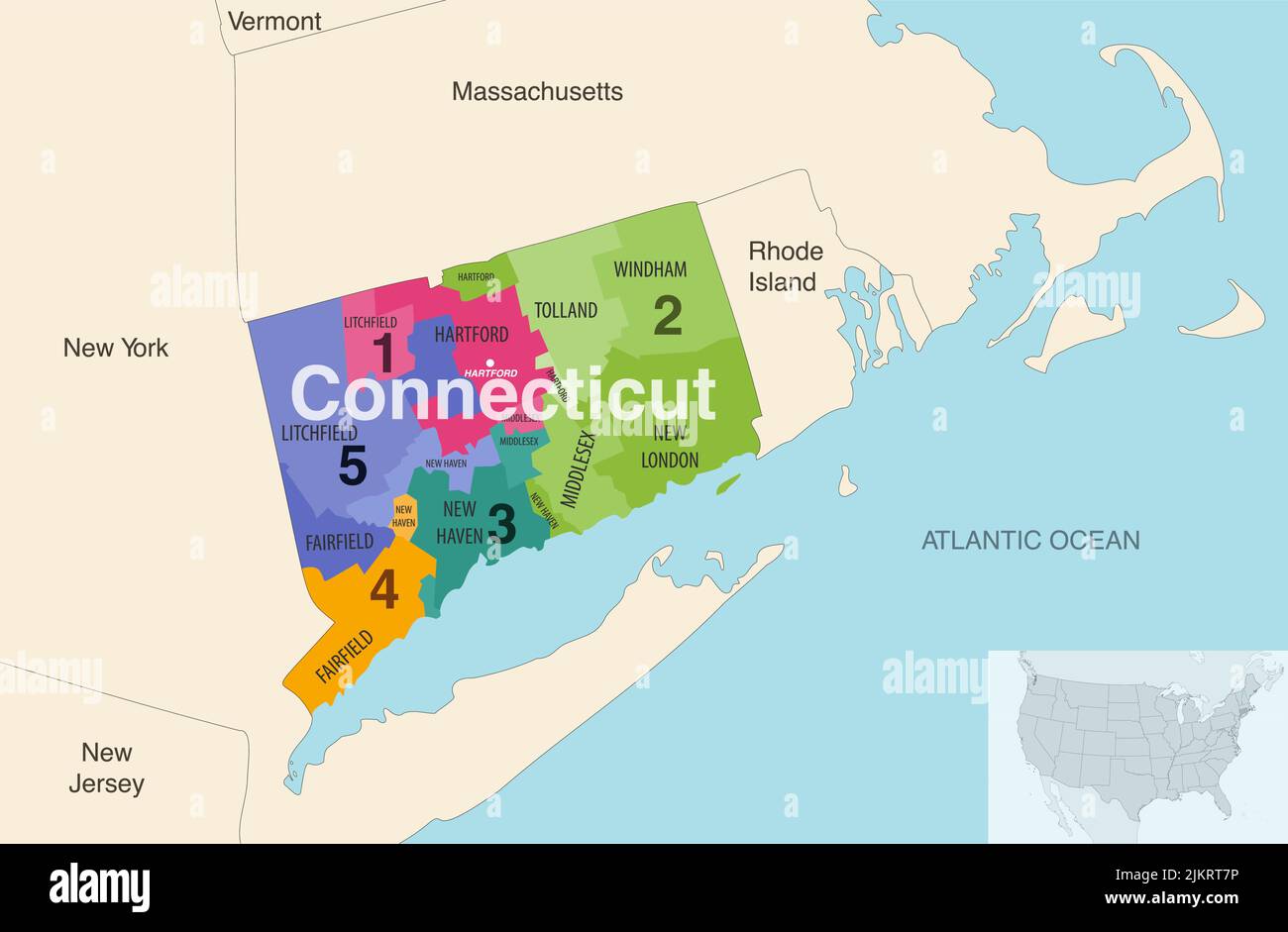 Connecticut state counties colored by congressional districts vector ...