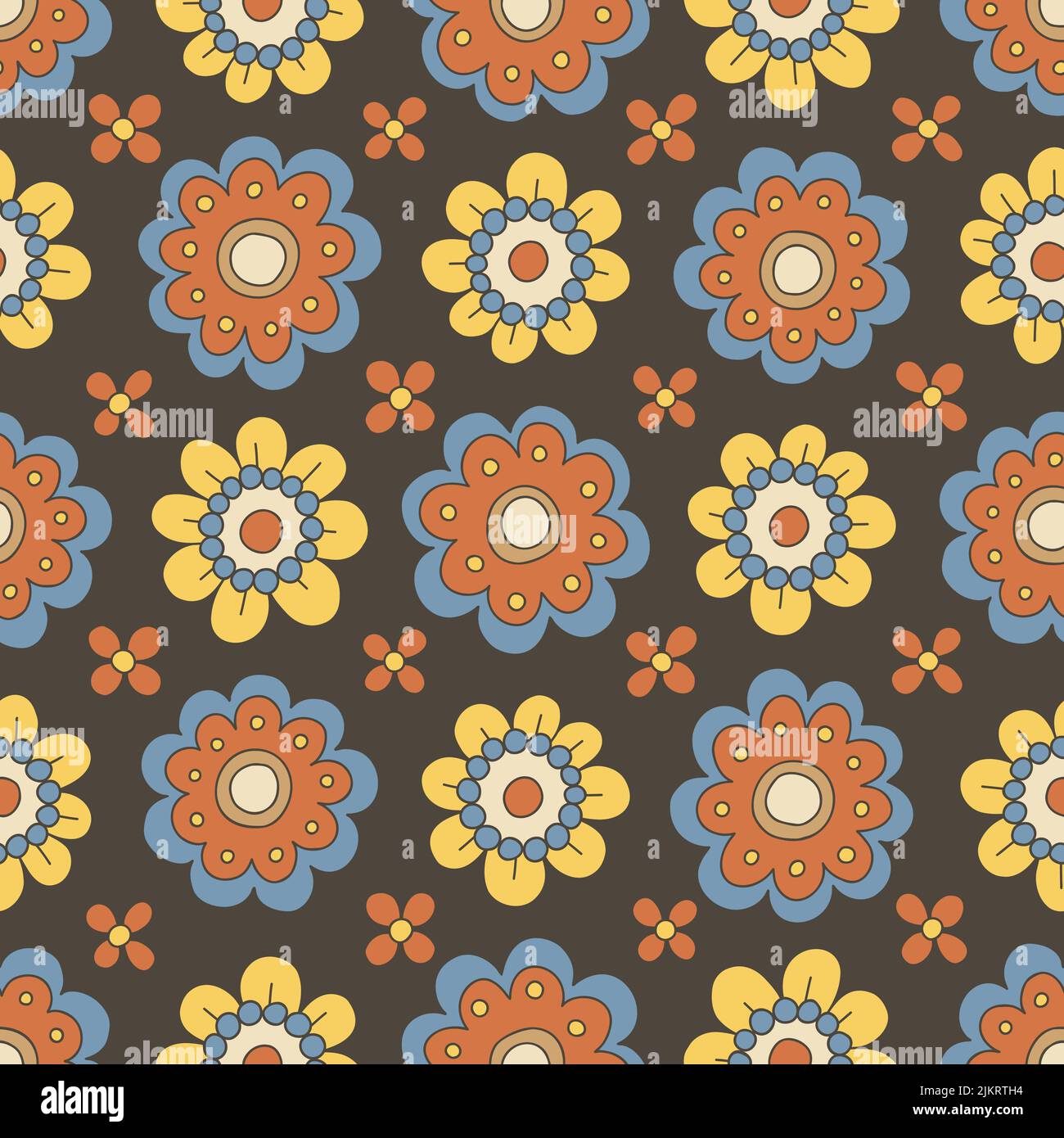 Colorful Hand-Drawn Floral Vector Seamless Pattern. Retro 70s Style ...