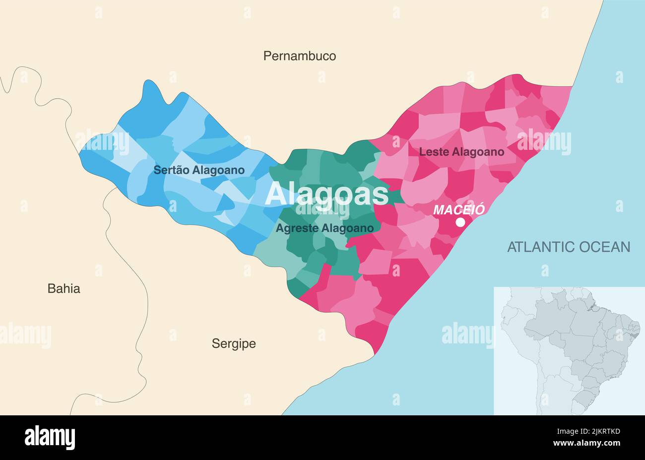 Brazil state Alagoas administrative map showing municipalities colored by state regions ...