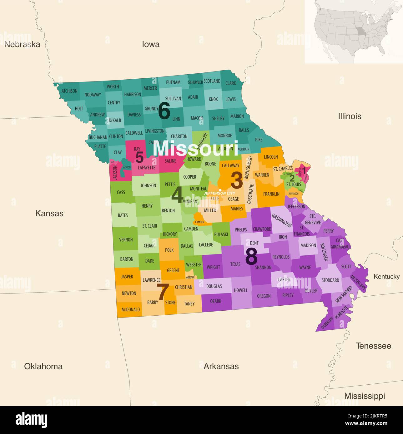 Missouri state counties colored by congressional districts vector map ...