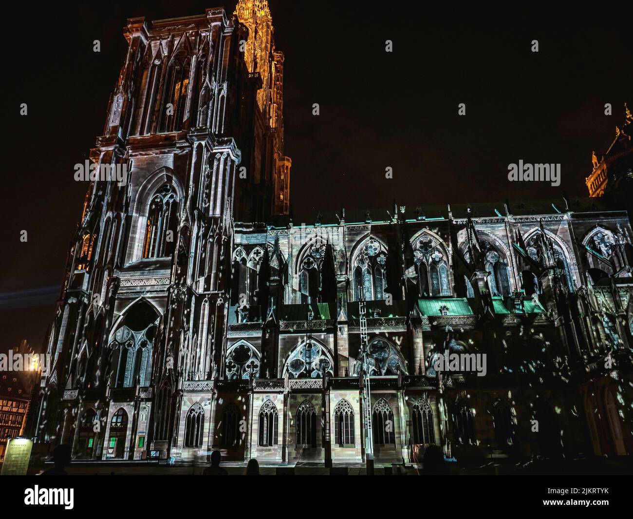 Laser lighting show on the walls of Cathedral Stock Photo - Alamy