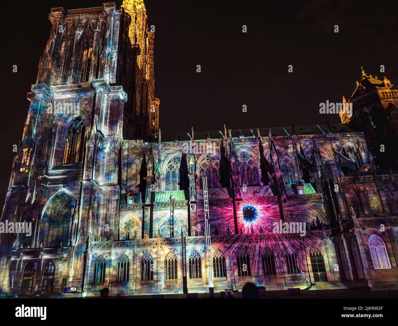 Laser lighting show on the walls of Cathedral Stock Photo - Alamy