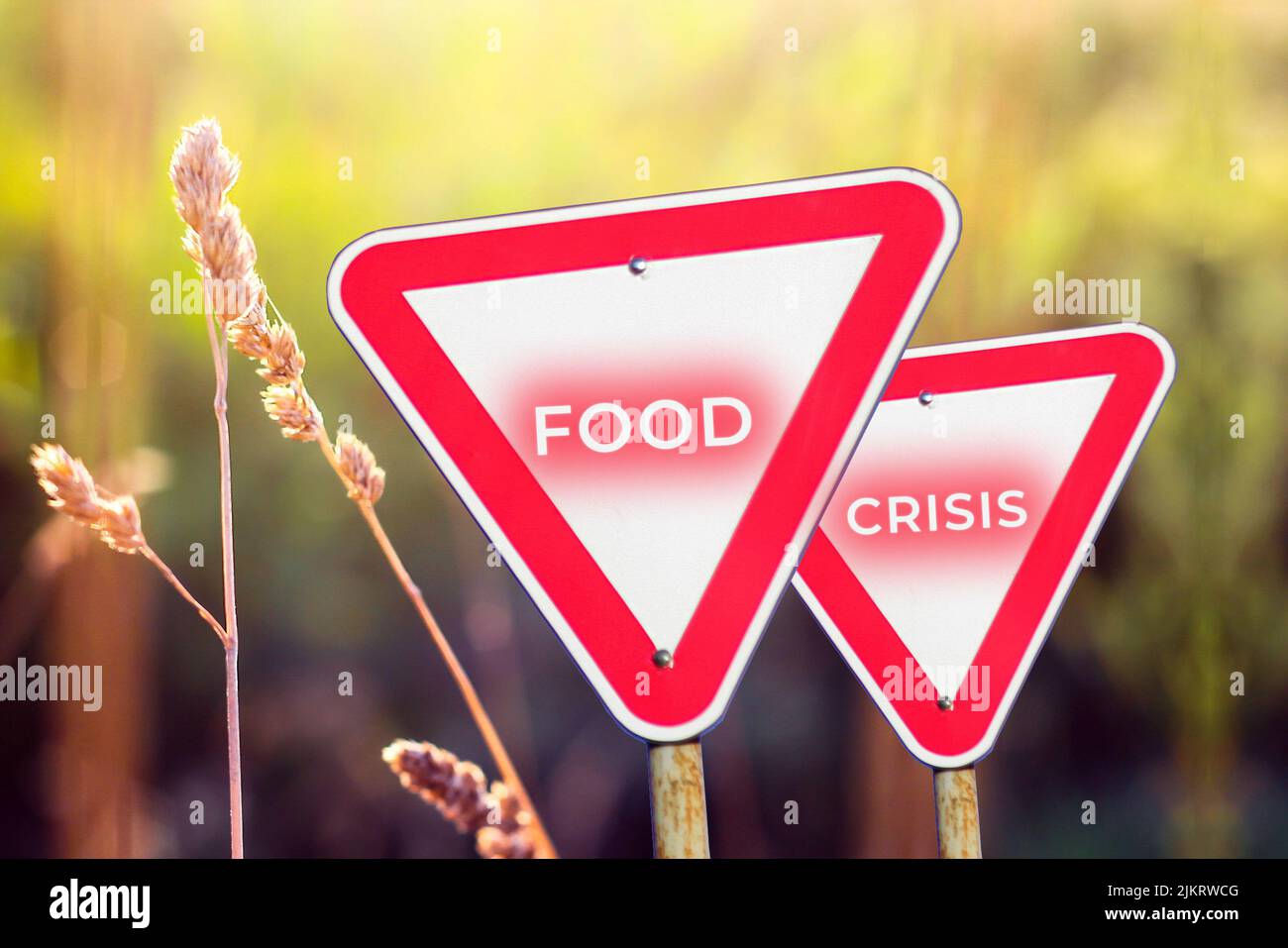 Food crisis concept. Two red road signs. Defocus blank empty triangle ...