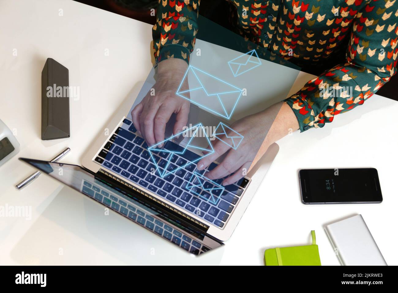Female hand typing keyboard on laptop. Unrecognizable elegant woman ...