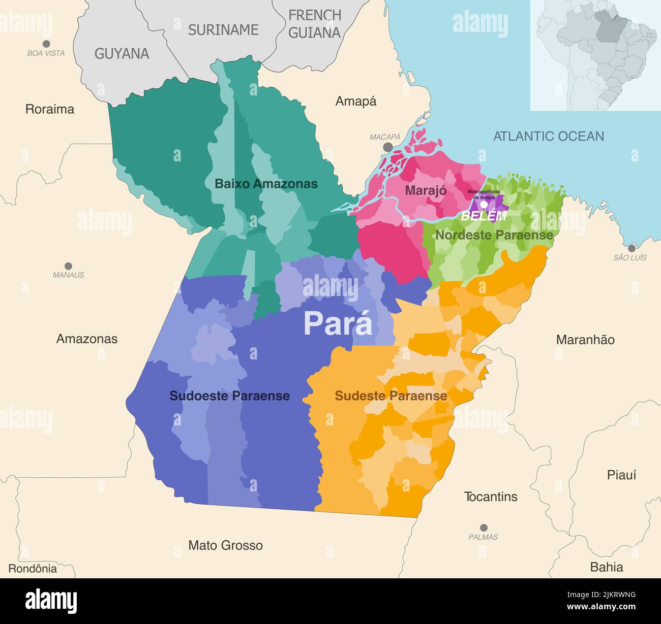 Brazil state Para administrative map showing municipalities colored by state regions ...