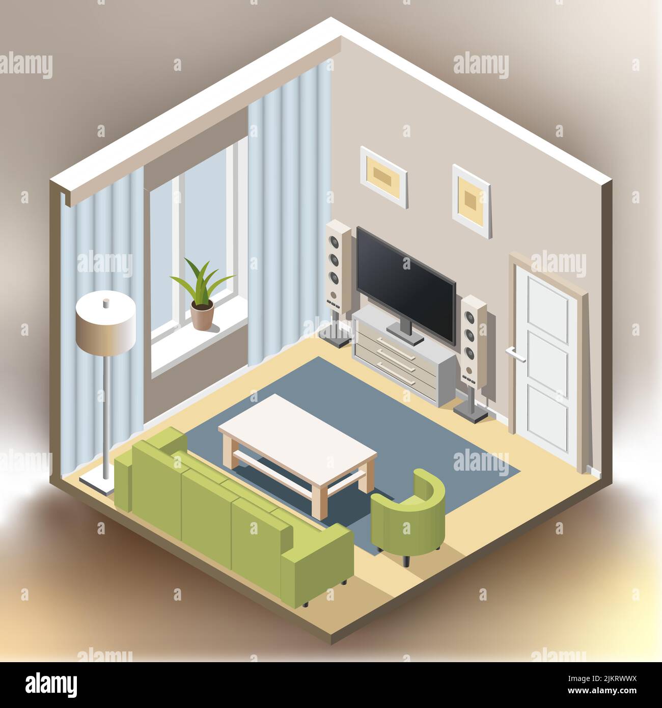 Living room interior isometric illustration on colorful bright gradient ...