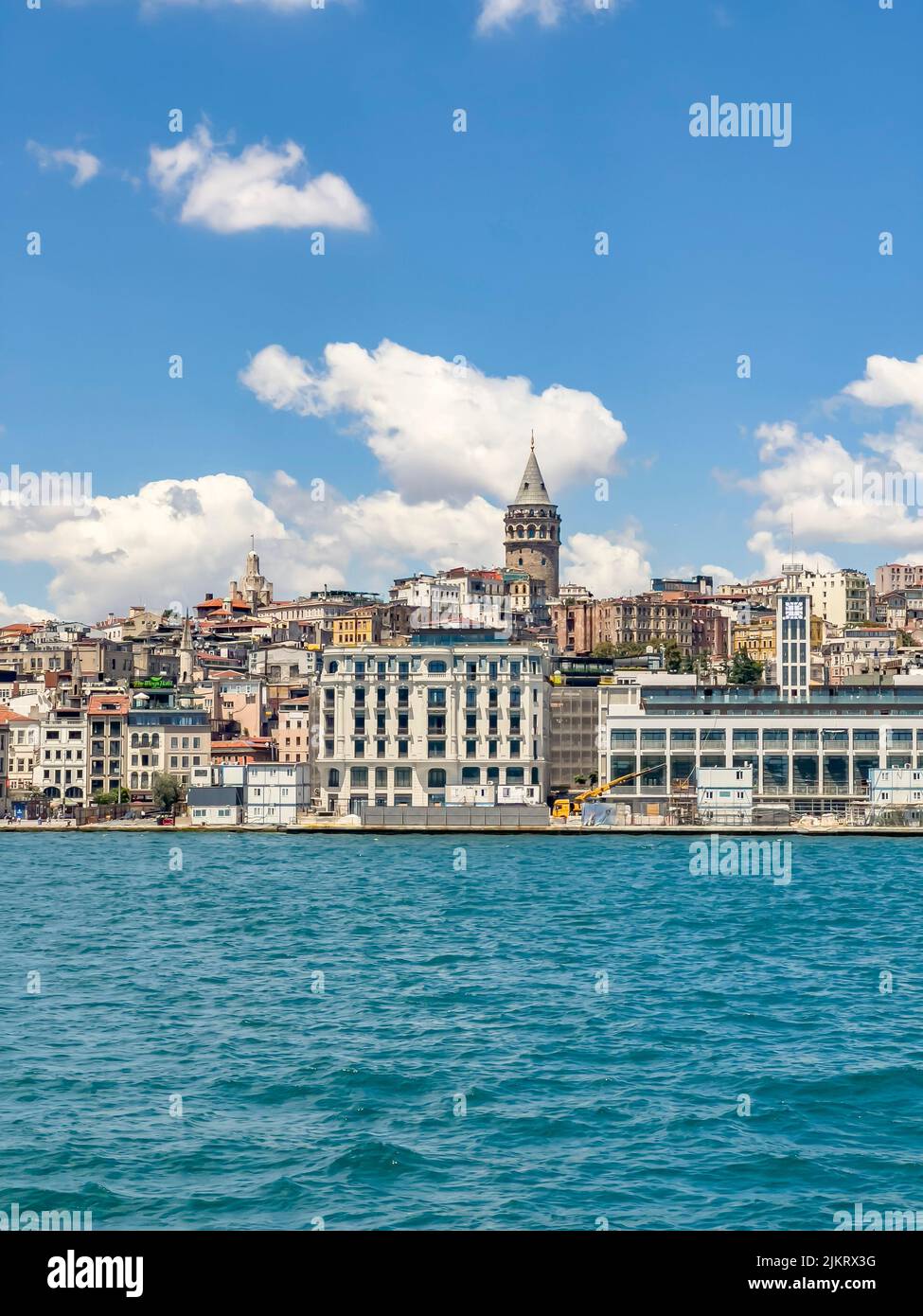 Galata Tower and new cruise customs port building, view from sea on a ...