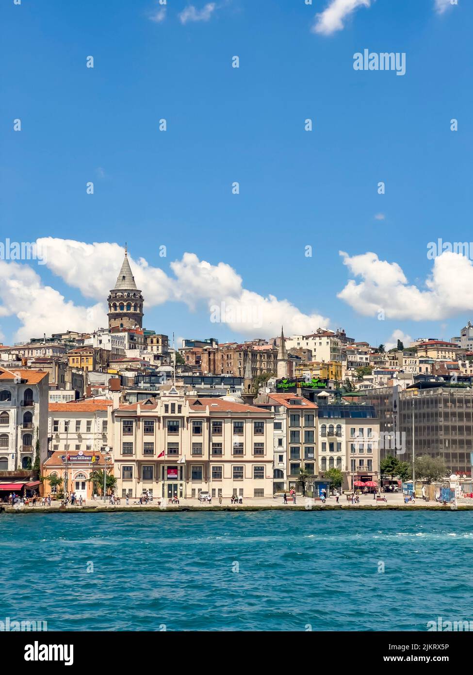 Galata Tower and new cruise customs port building, view from sea on a ...