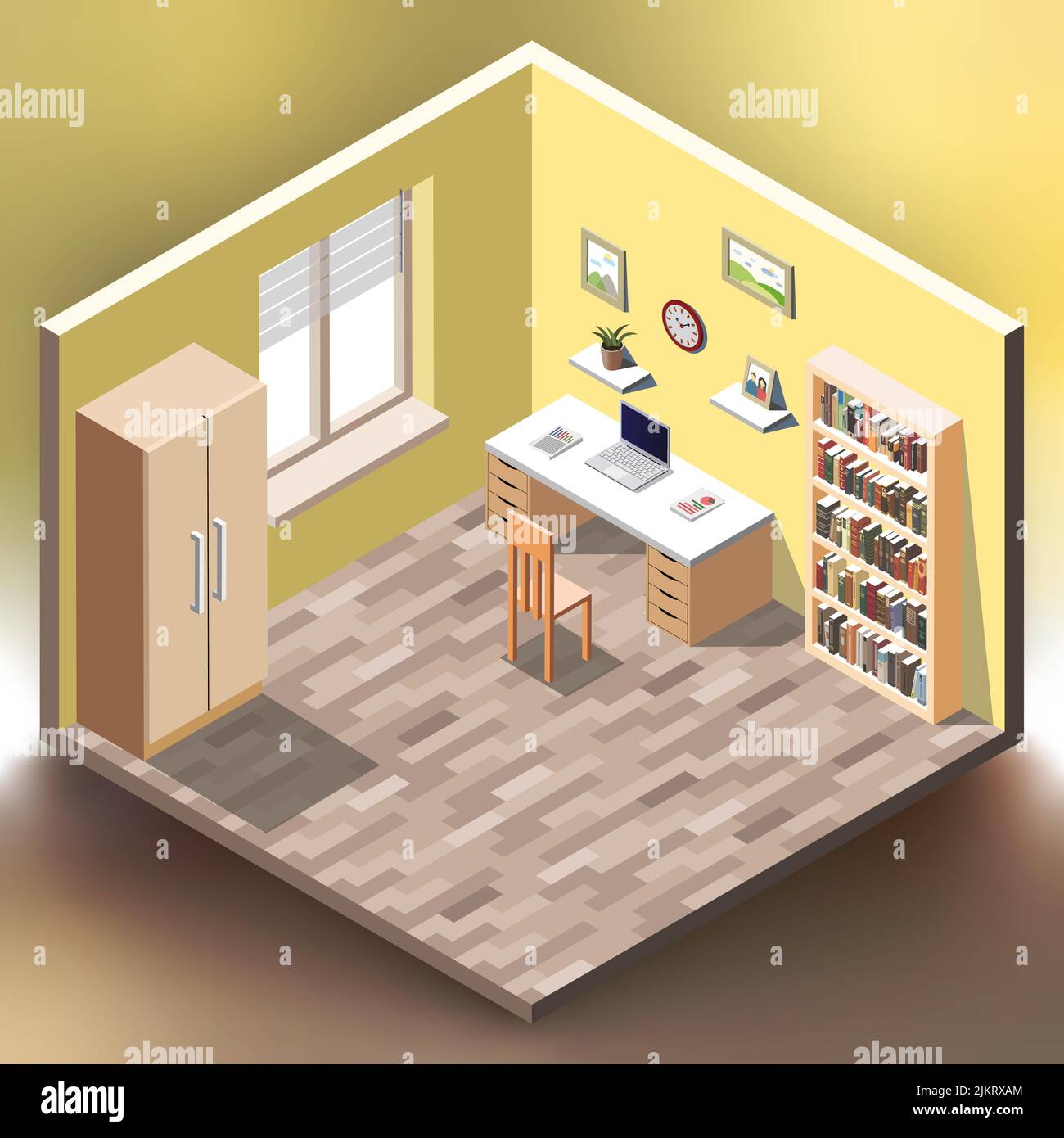 Office room interior isometric illustration on colorful bright gradient ...